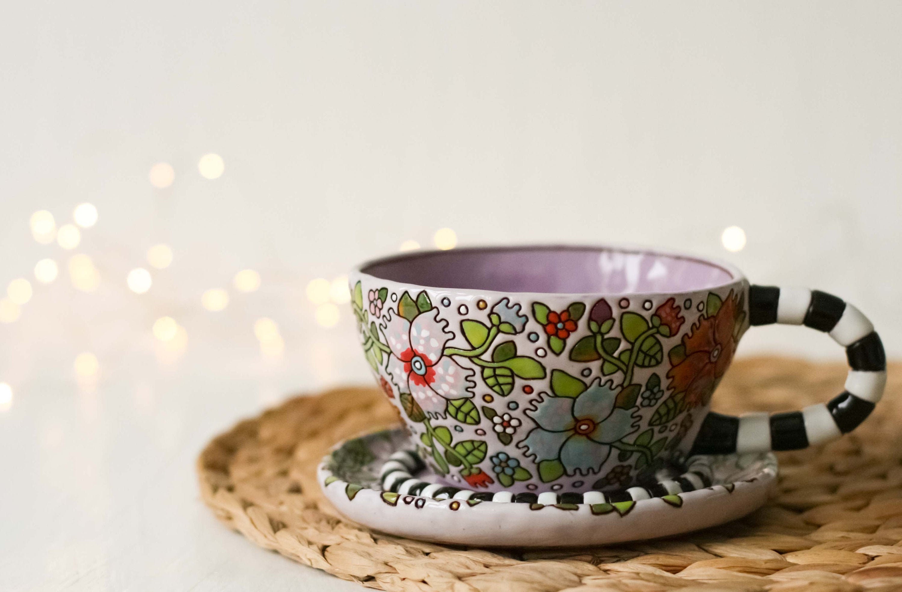 Floral coffee cups handcarved cup in floral pattern black | Etsy