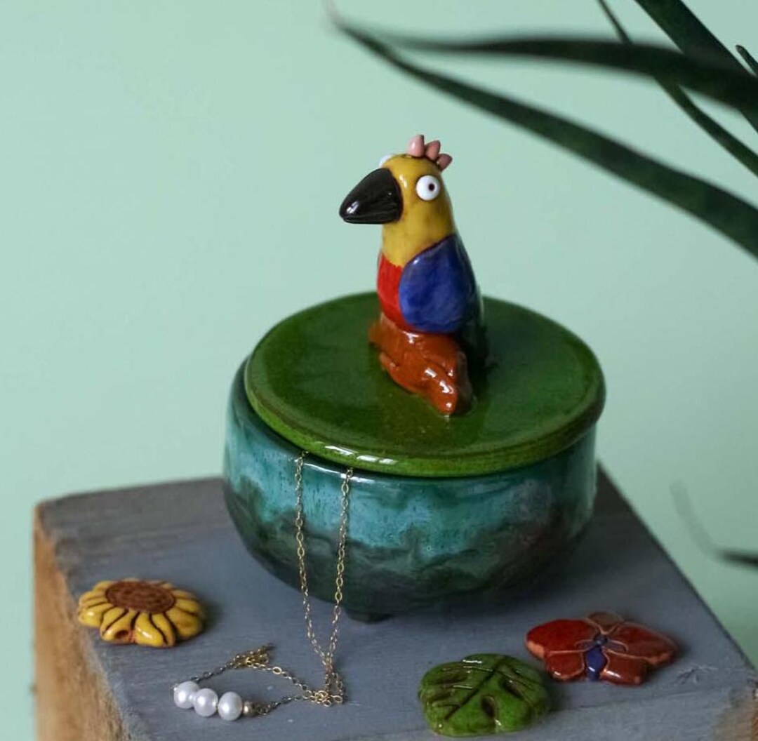 Mini Jewelry Box With Parrot Miniature, Small Round Ceramic Jewelry ...