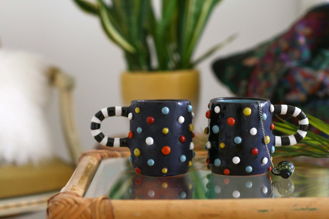 Polka Dot Bumpy Coffee Cup, OOAK Handsculpted Bumps, Black and White ...