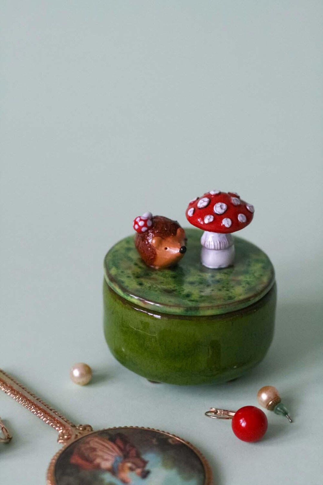 Mini Jewelry Boxes With Hedgehog Miniatures, Small Round Ceramic ...