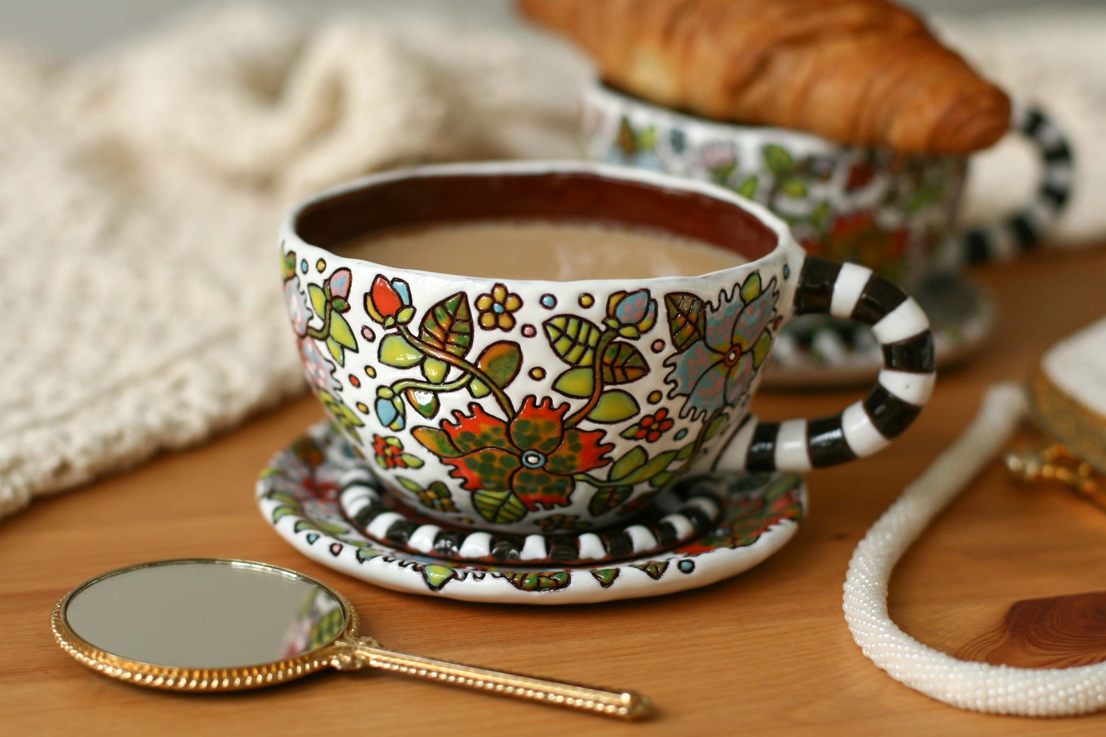 Floral Coffee Cups Cup and Plate Handcarved Floral Pattern - Etsy