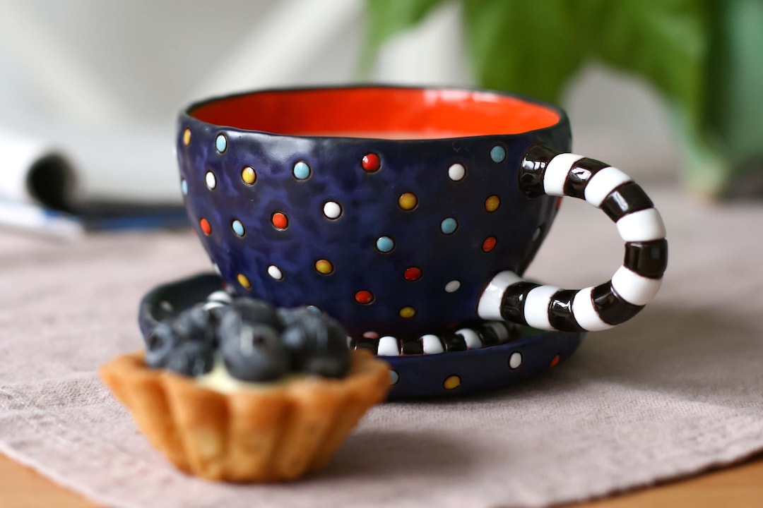 Polka Bot Cups, Black and White Handles, Ceramic Handmade Coffee Cup in ...