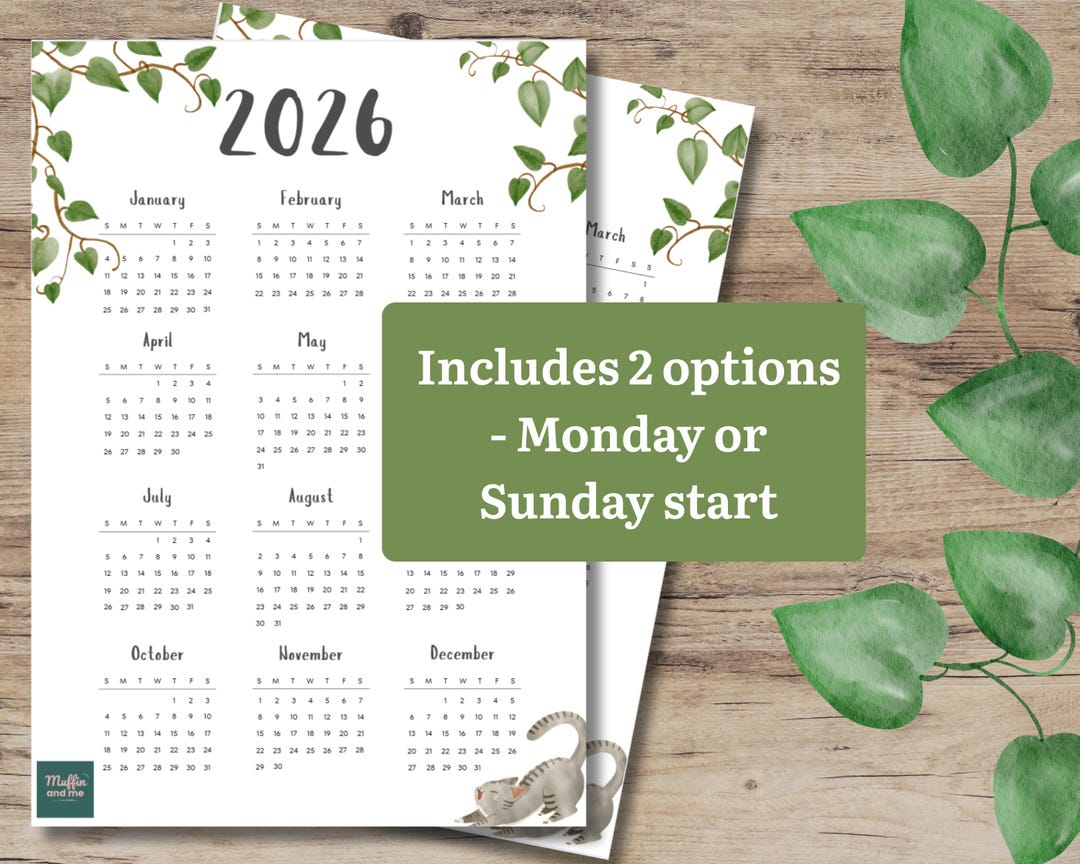2026 Year-at-a-glance Printable A4 Calendar Ivy and Cat - Etsy