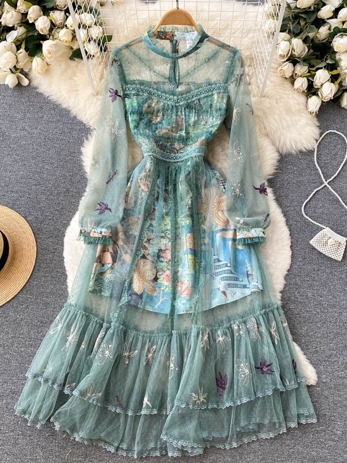Dress Women Long Sleeve Ruffles Lace Flowers Embroidery Style - Etsy