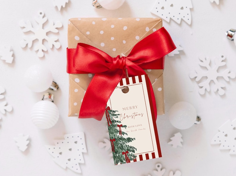 Red Elegant Christmas Gift Tag, Red Merry Christmas Gift Tag, Elegant ...
