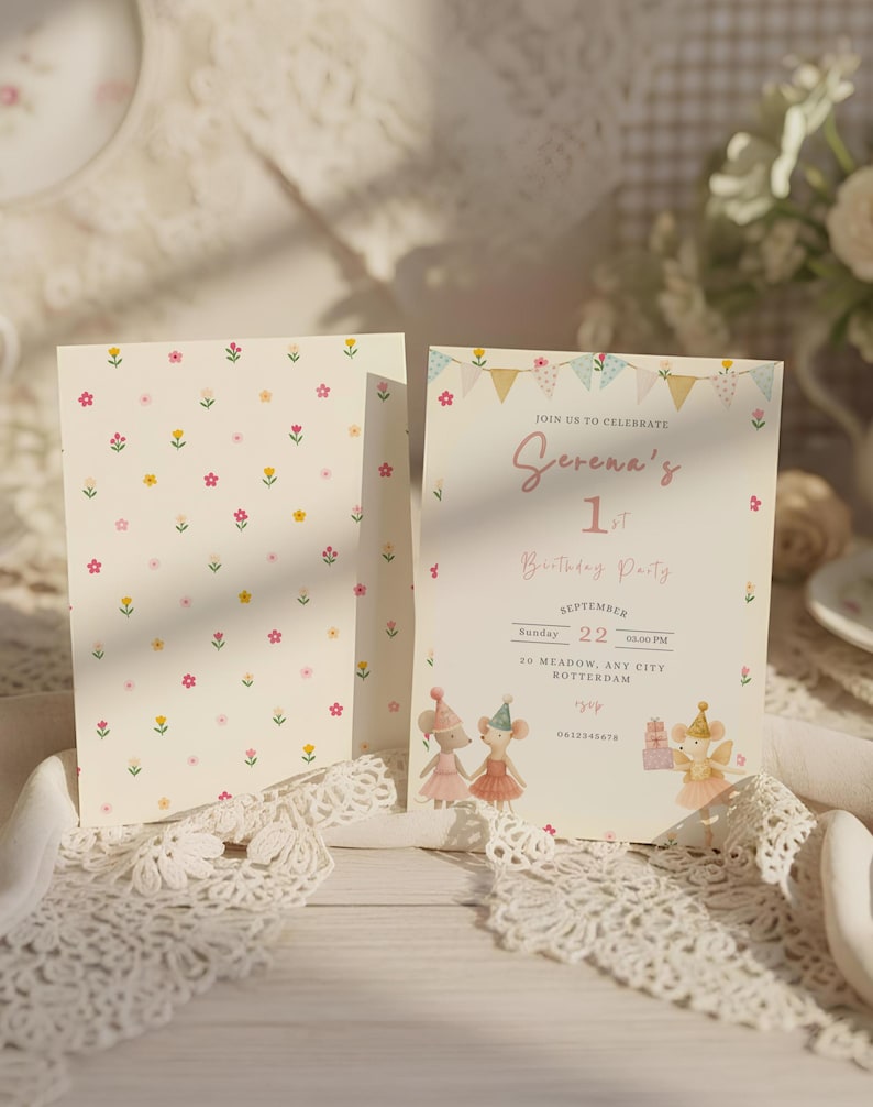 Maileg Mice Inspired Birthday Invitation, Floral Printable & Mobile ...
