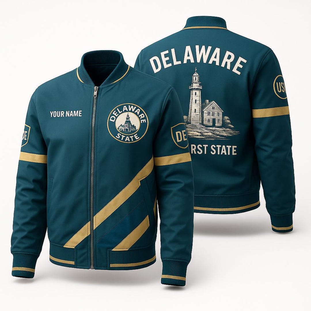 Delaware State Bomber Jacket Custom Name Unisex Varsity First State ...