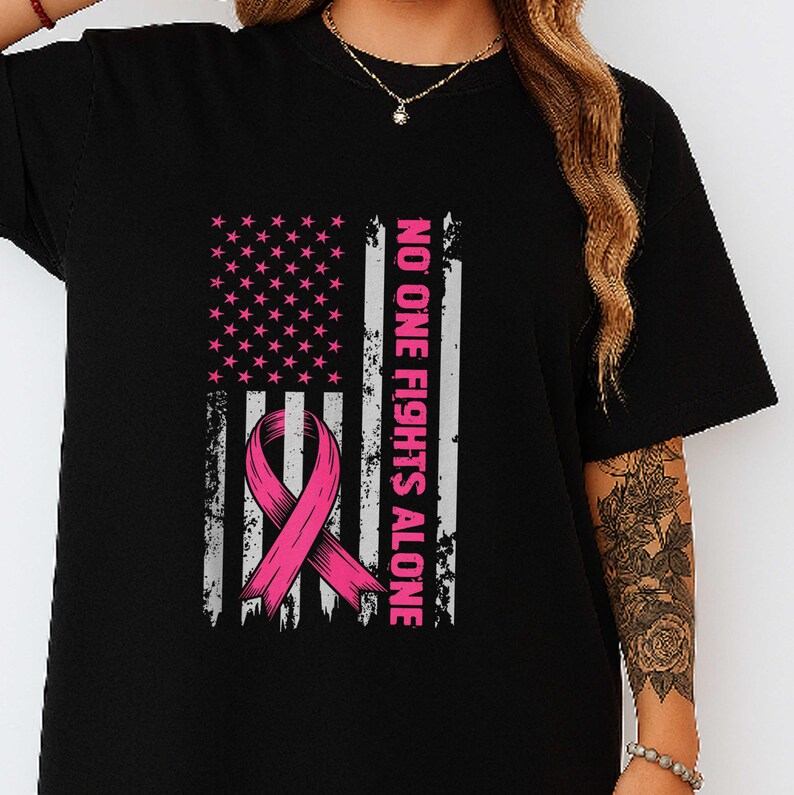 No One Fights Alone PNG, Pink Ribbon American Flag, Breast Cancer ...