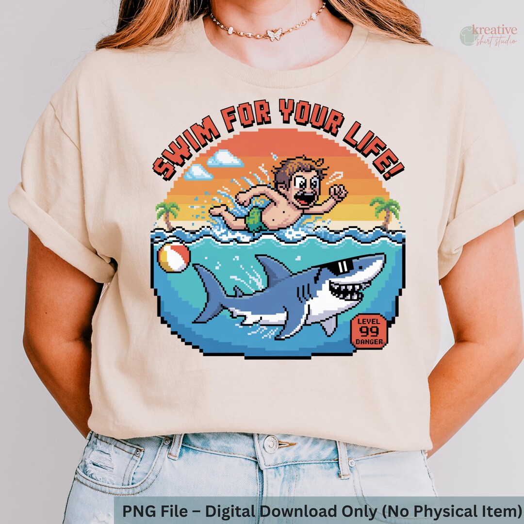 Funny 8-bit Shark Attack Summer SVG PNG – Retro Pixel Art Swimmer T ...