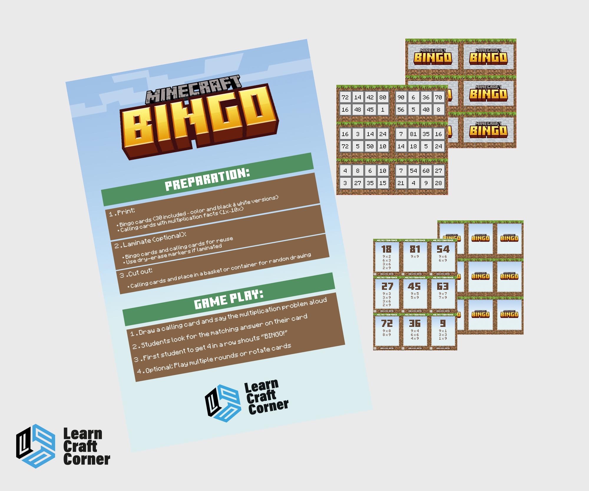 Minecraft Math Bingo Game Printable | Multiplication Facts ×1–×10 ...