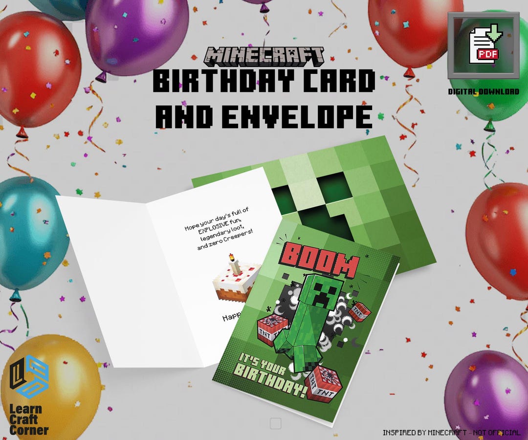 Minecraft Birthday Card Printable With Matching Envelope | Creeper TNT ...