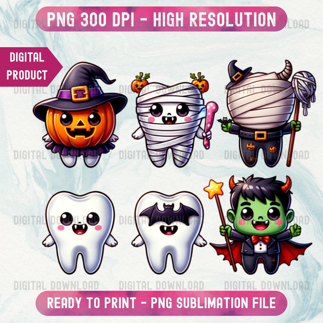Cute Halloween Tooth PNG Bundle, Witch Mummy Vampire Bat Teeth Clipart ...
