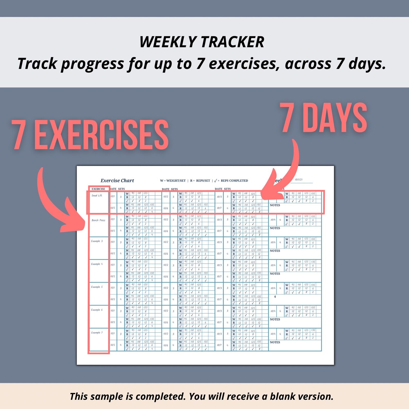 Strength Training/workout Chart, Weekly Performance Tracker Records ...