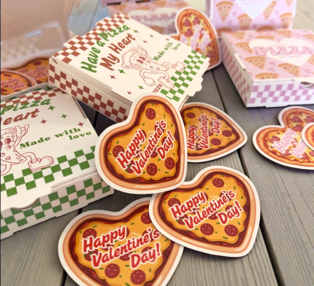 Mini Pizza Box W/ Heart Shaped Pizza Sticker Valentines School Card ...