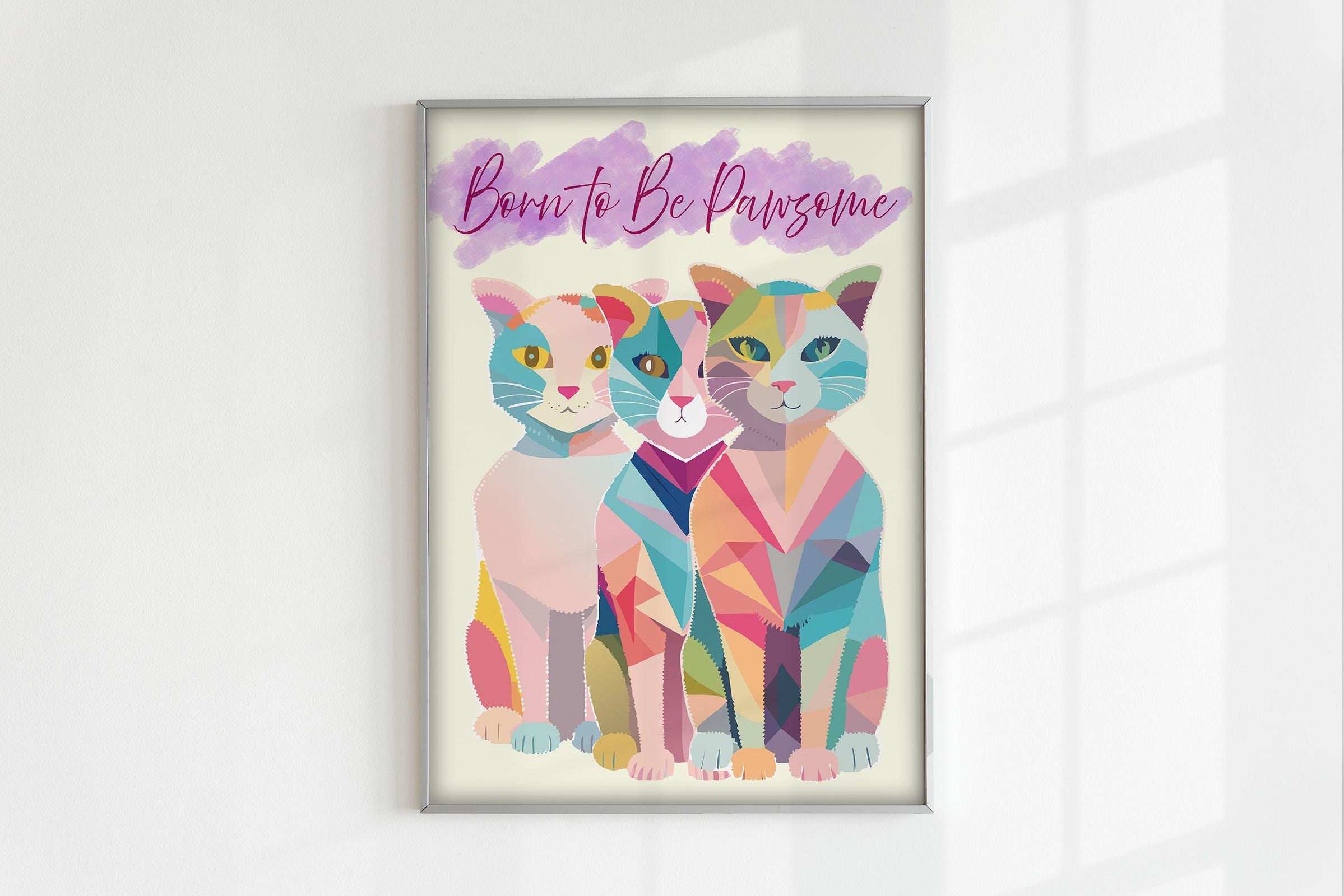 Pastel Cat Wall Art – Born to Be Pawsome Printable – Cute Hand-drawn ...