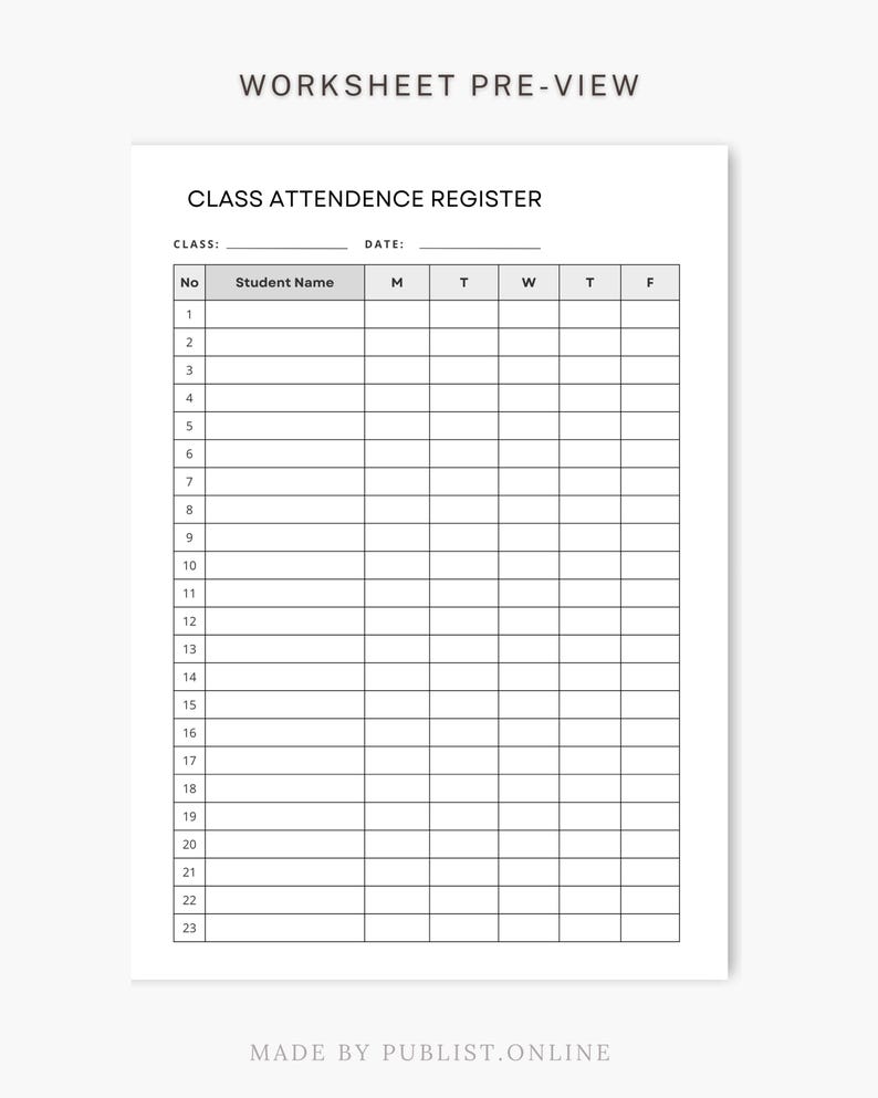 Class Attendance Register | Printable Teacher Attendance Sheet | School ...