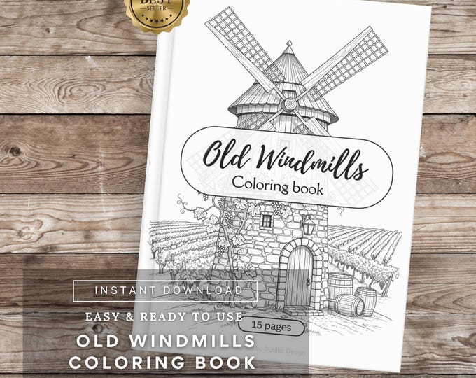 Rustic Farmhouse Grayscale Coloring Page, Printable Barn and Windmill ...