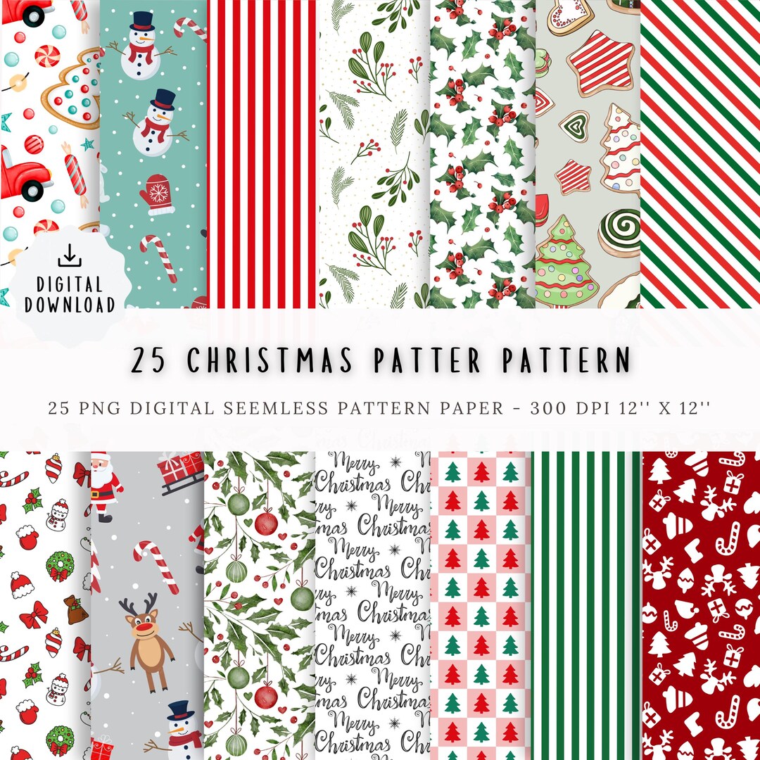 Christmas Pattern Paper Pack | 25 Seamless Festive Holiday Digital ...