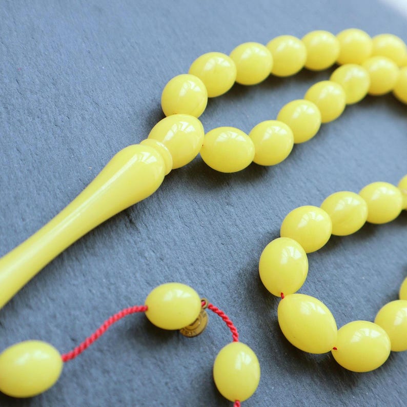 Handmade Yellow Pressed Amber Tasbih – 33 Bead Islamic Prayer Beads ...