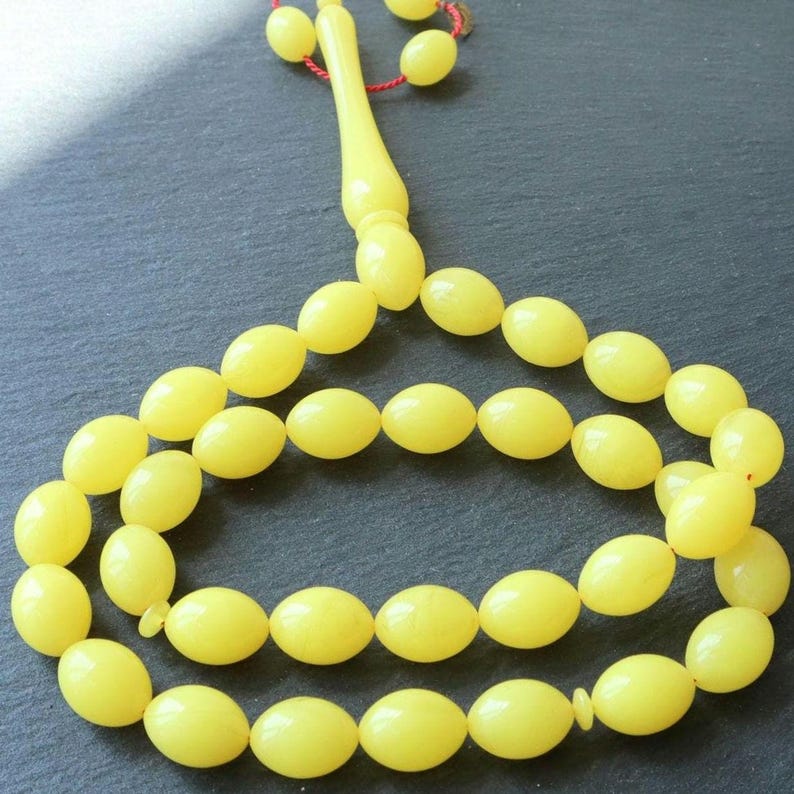 Handmade Yellow Pressed Amber Tasbih – 33 Bead Islamic Prayer Beads ...