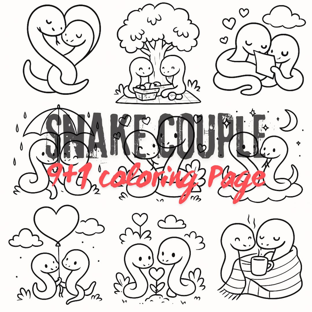 Snake Couple Coloring Pages – Cute Animal Line Art, Kawaii Snake Love ...
