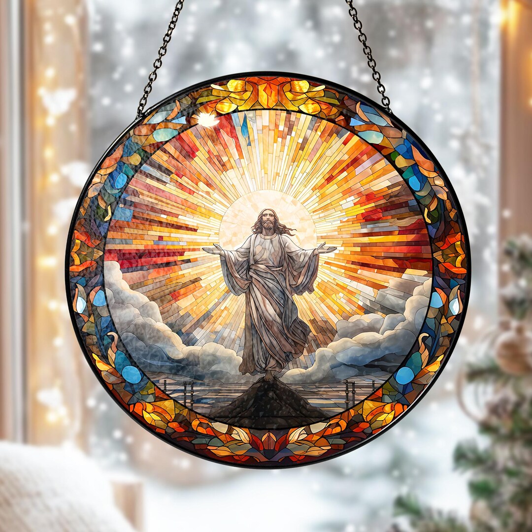 Jesus Glass Suncatcher,christian Window Hanging With Radiant Sunburst ...