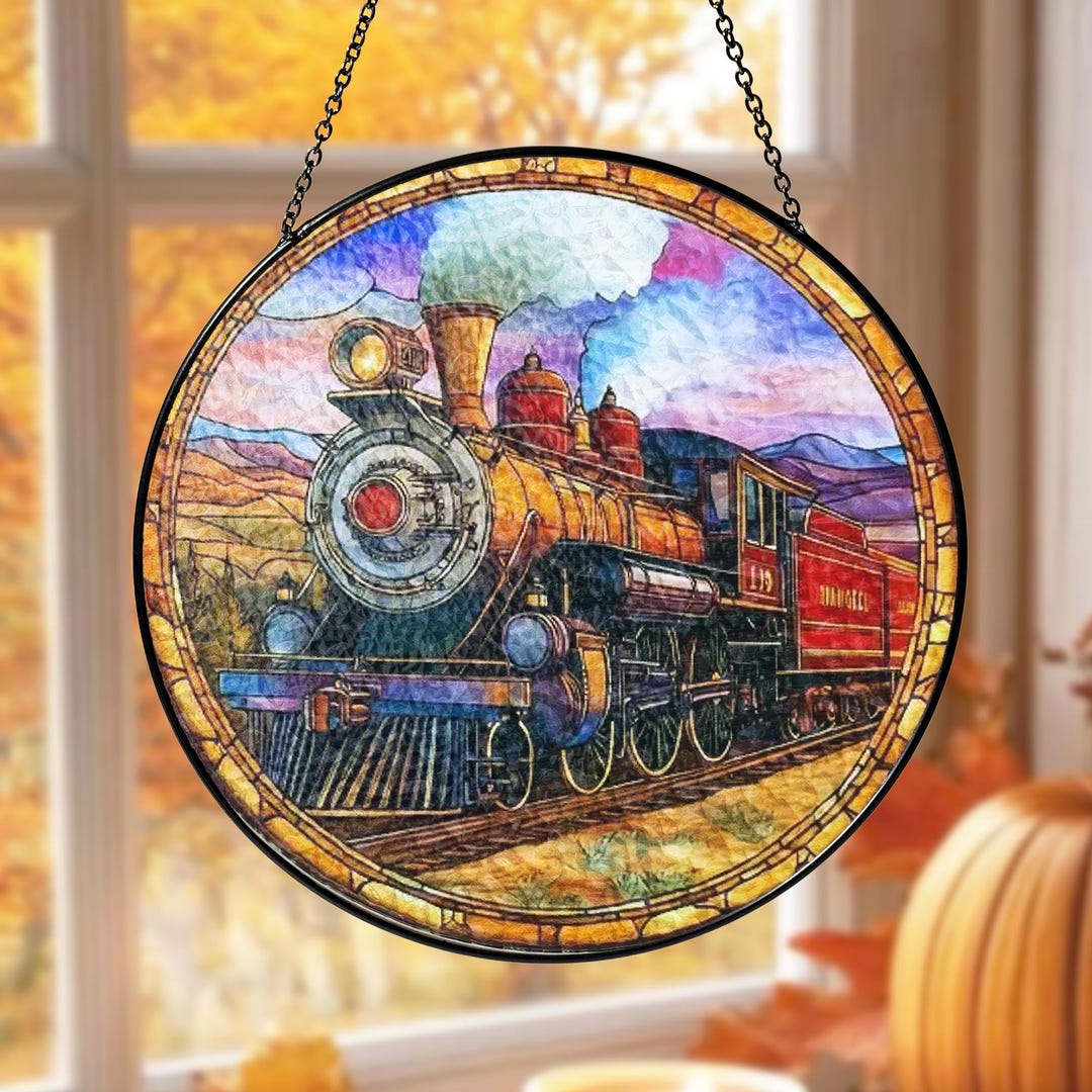 Vintage Train Suncatcher Window Hanging, Stained Glass Style Steam ...