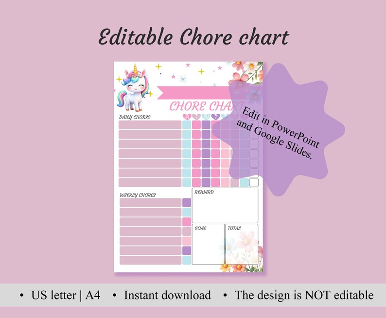 Unicorn Chore Chart for Girls | Editable Kids Task Chart | Daily and ...