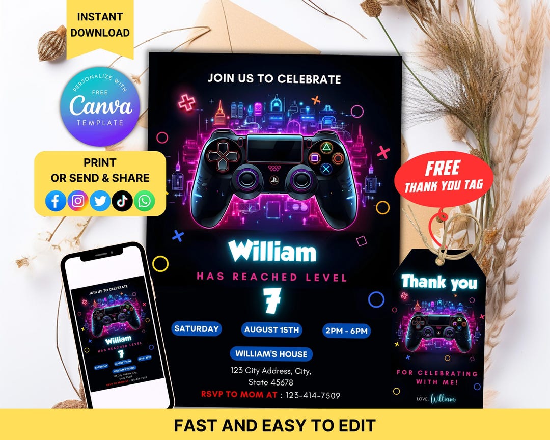 Editable Video Game Birthday Invitation With Thank You Tag | Gaming ...