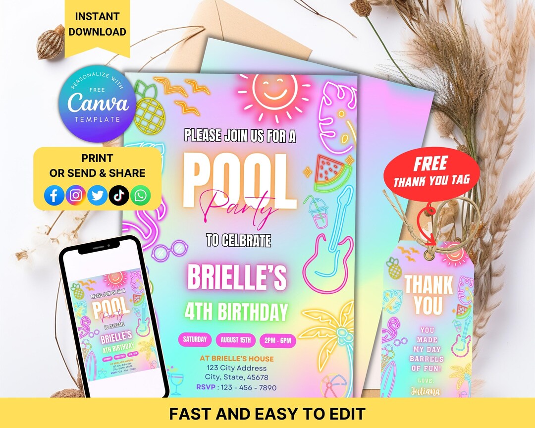 Editable Neon Pool Party Invitation With Thank You Tag • Summer ...