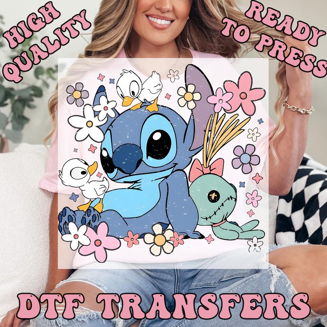 Stitch Floral Heat Press Transfer, Disney Stitch Ready to Press DTF ...