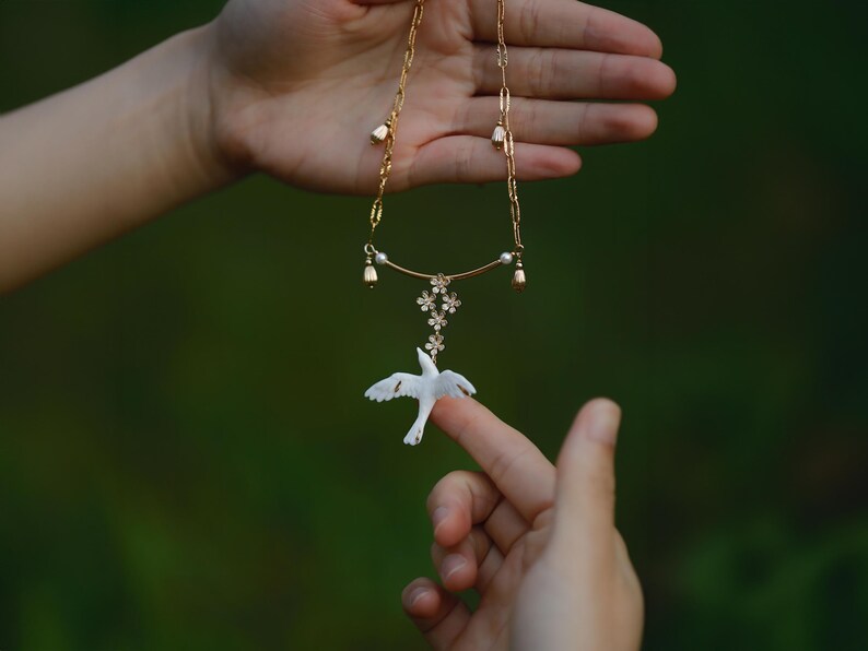 Bird Carrying Flower Porcelain Necklace - Hand-painted Ceramic Pendant ...