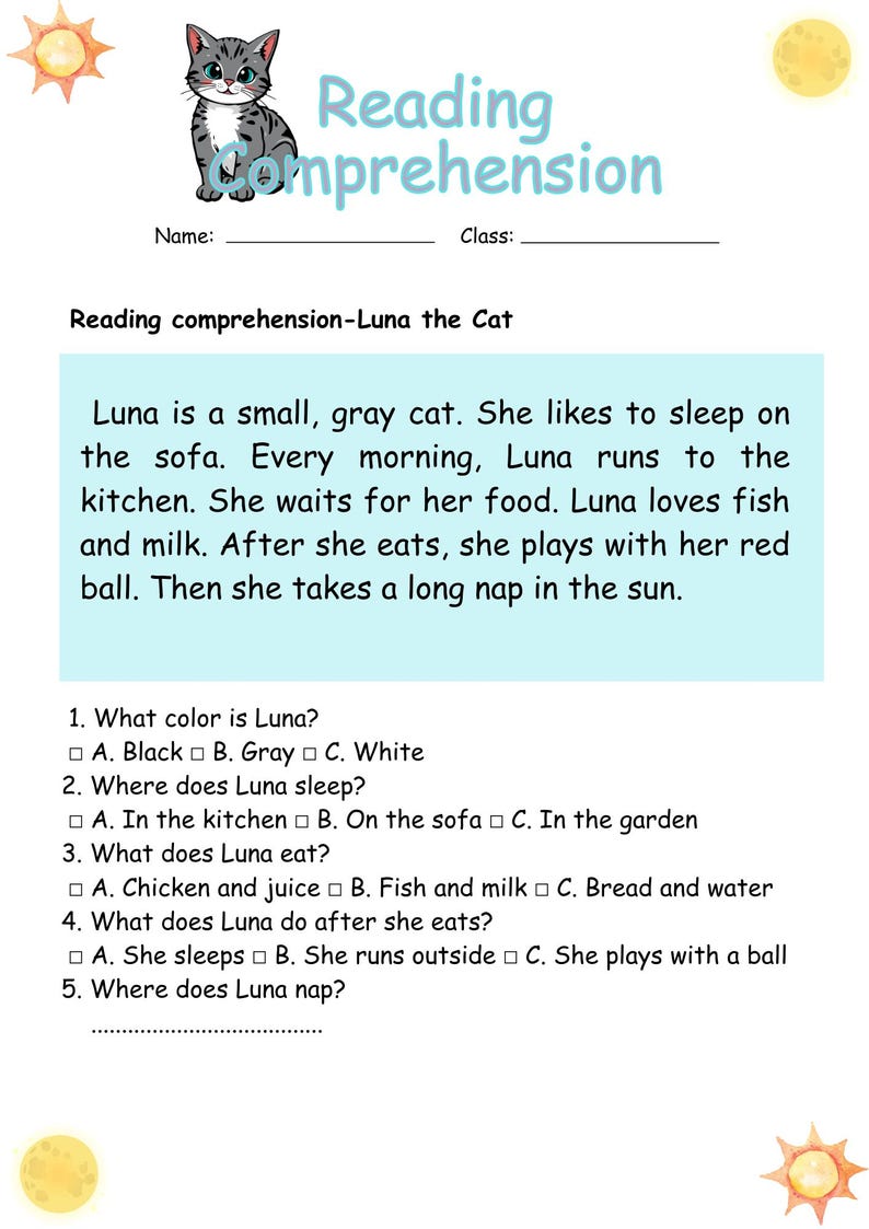 Reading Comprehension Worksheet for Kids – Luna the Cat | ESL Printable ...