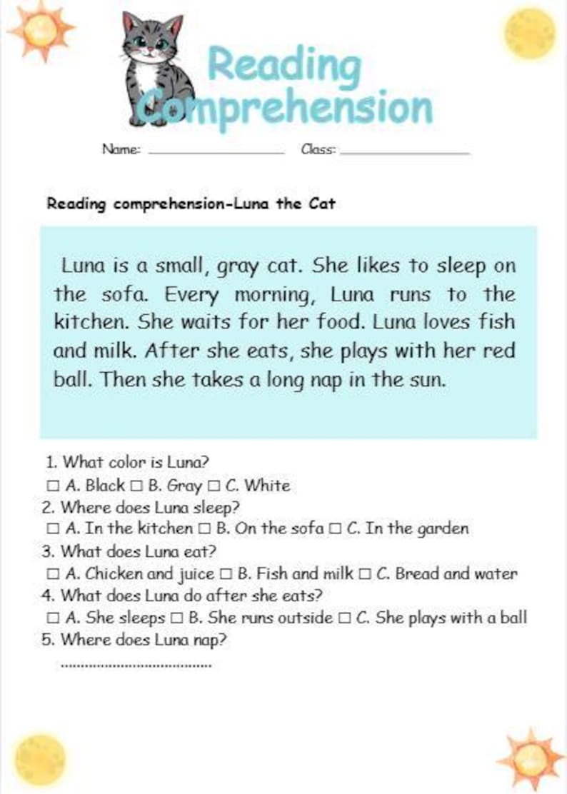 Reading Comprehension Worksheet for Kids – Luna the Cat | ESL Printable ...