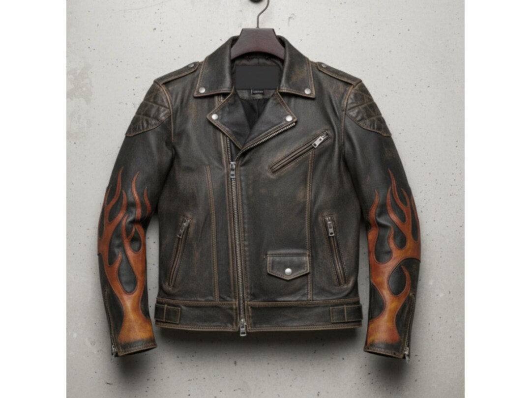 Handmade Black Flame Distressed Leather Biker Jacket for Men's ...