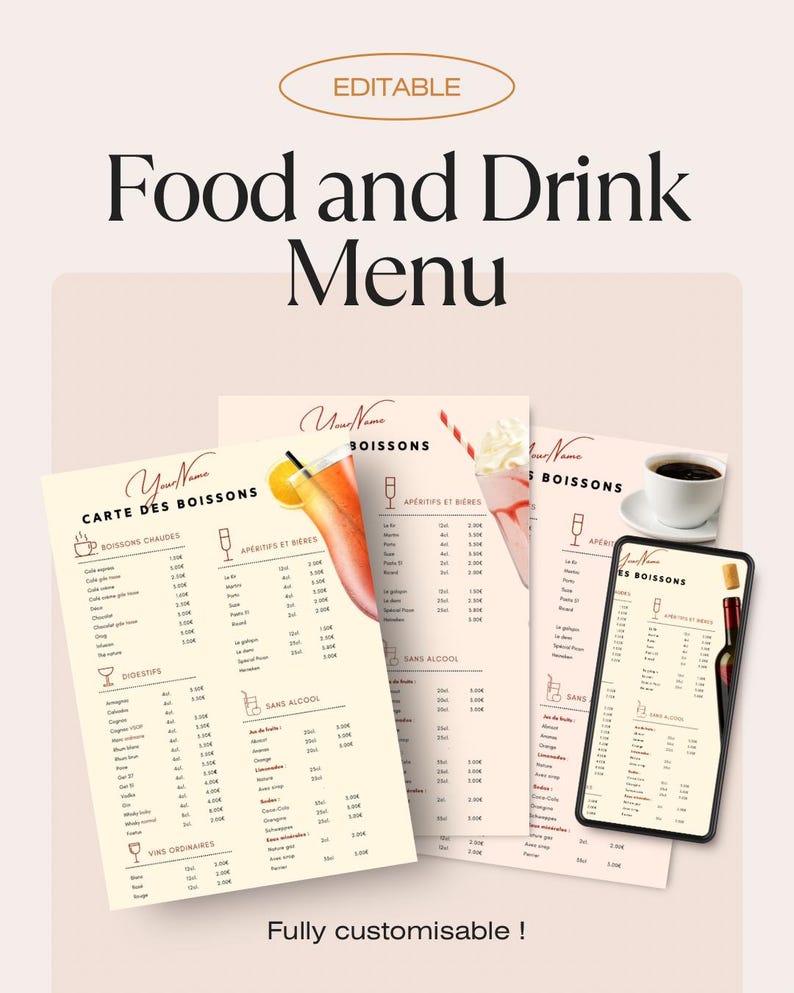 4 Editable Drink Menu Template Bundle | Canva Menu | Café, Bar ...