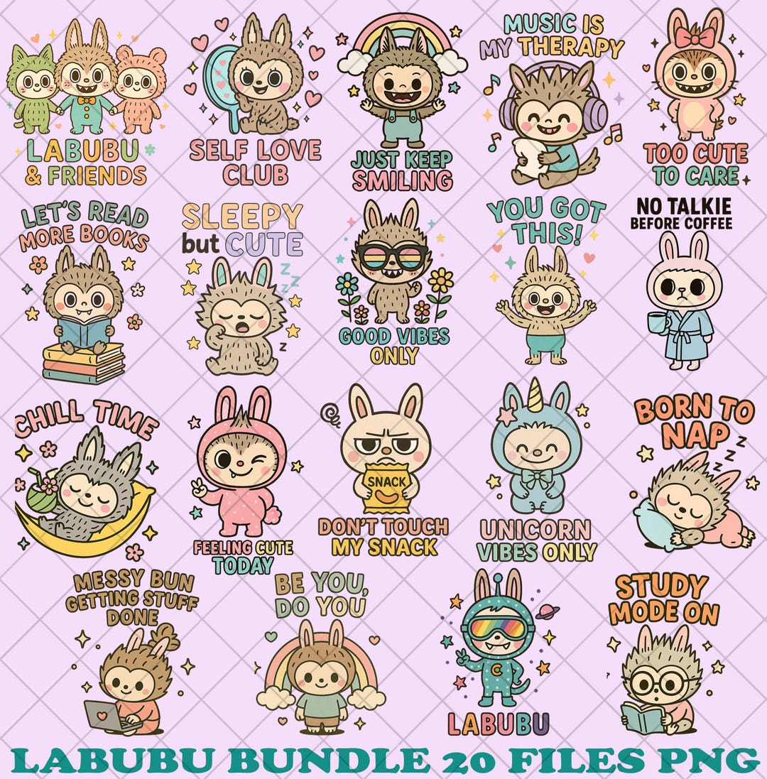 Cute Labubu Sublimation Bundle PNG | 20 Funny Kawaii Quotes | Cartoon ...