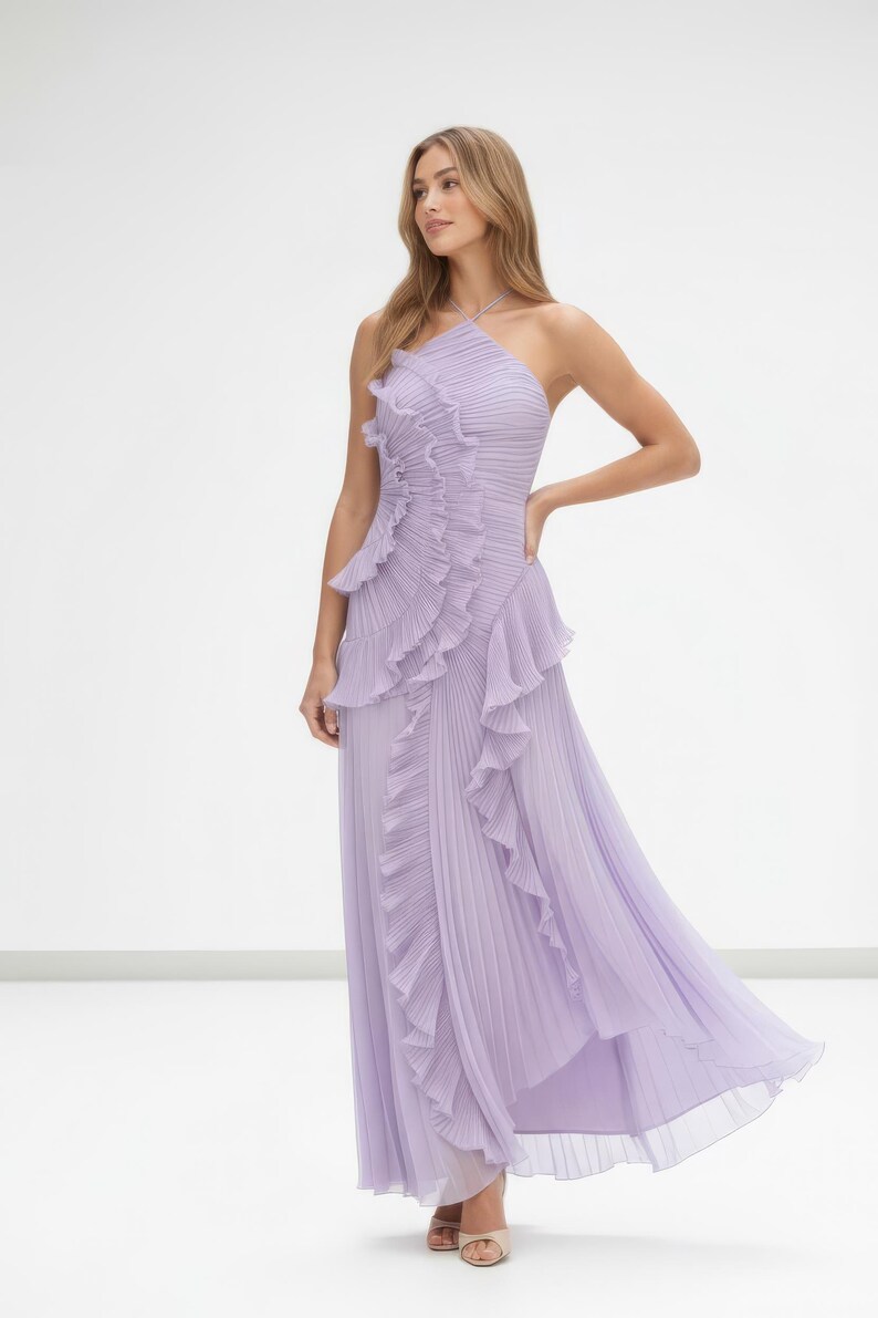 Handmade Pleated Ruffle Maxi Dress Elegant Evening Gown Formal Prom ...