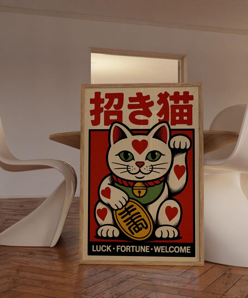 Maneki Neko Japanese Lucky Cat Printable Wall Art – Retro Fortune ...