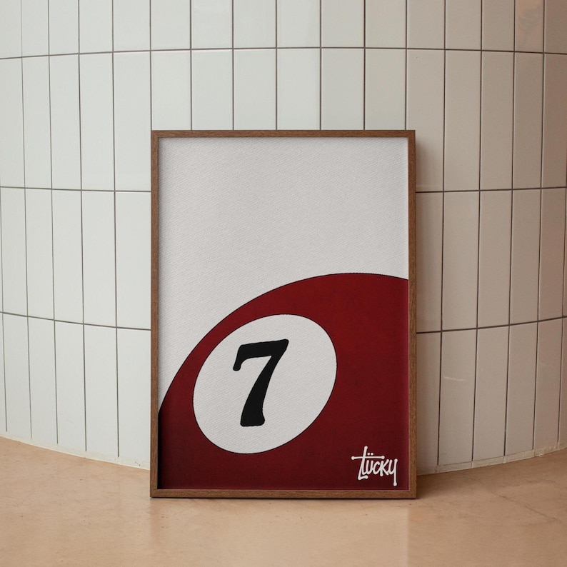 Lucky Number 7 Pool Ball Art Print: Retro Game Room Decor (digital ...