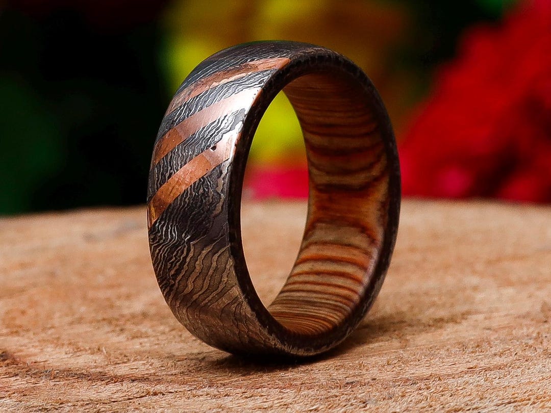 Damascus Steel Ring, Light Brown Dollar Sheath Wood, Brass Lines ...