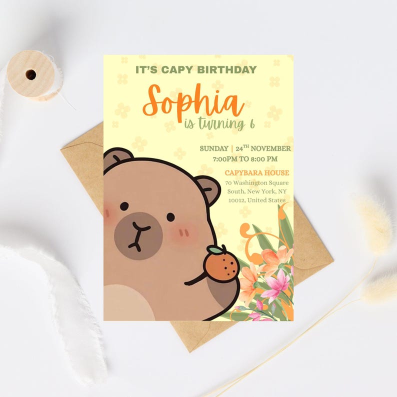 Editable Capy Birthday Invitation Template for Kids Birthday Party ...