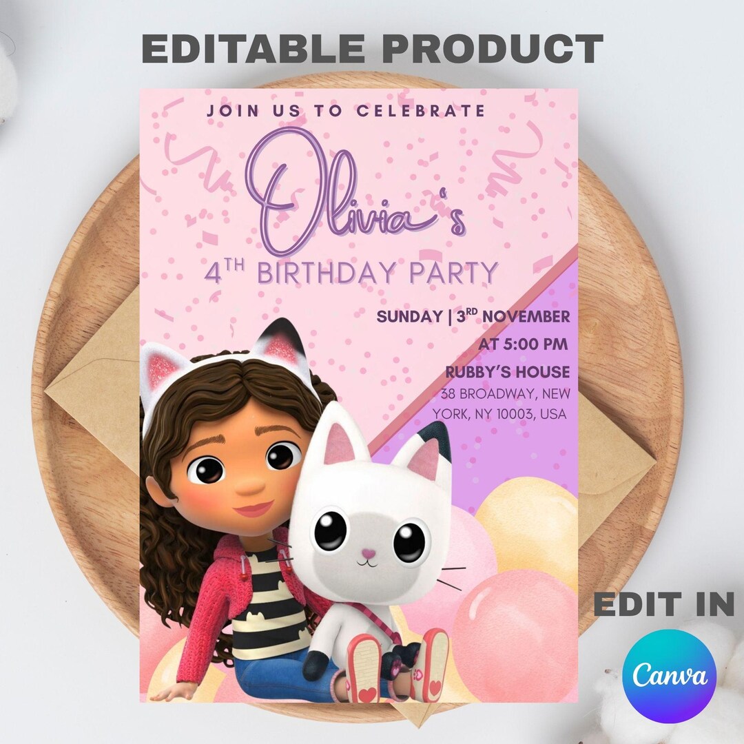 Editable Gabby Dollhouse Birthday Party Invitation Template, Digital ...