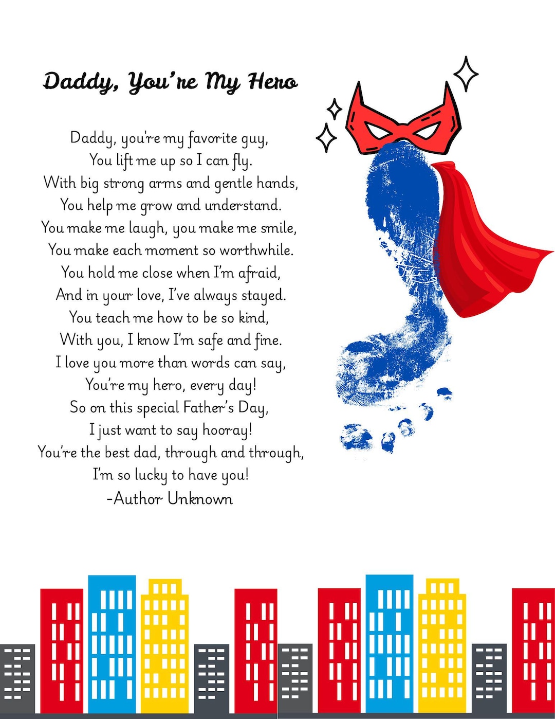 Daddy, You're My Hero Poem Footprint Craft, Father's Day Gift, Baby ...