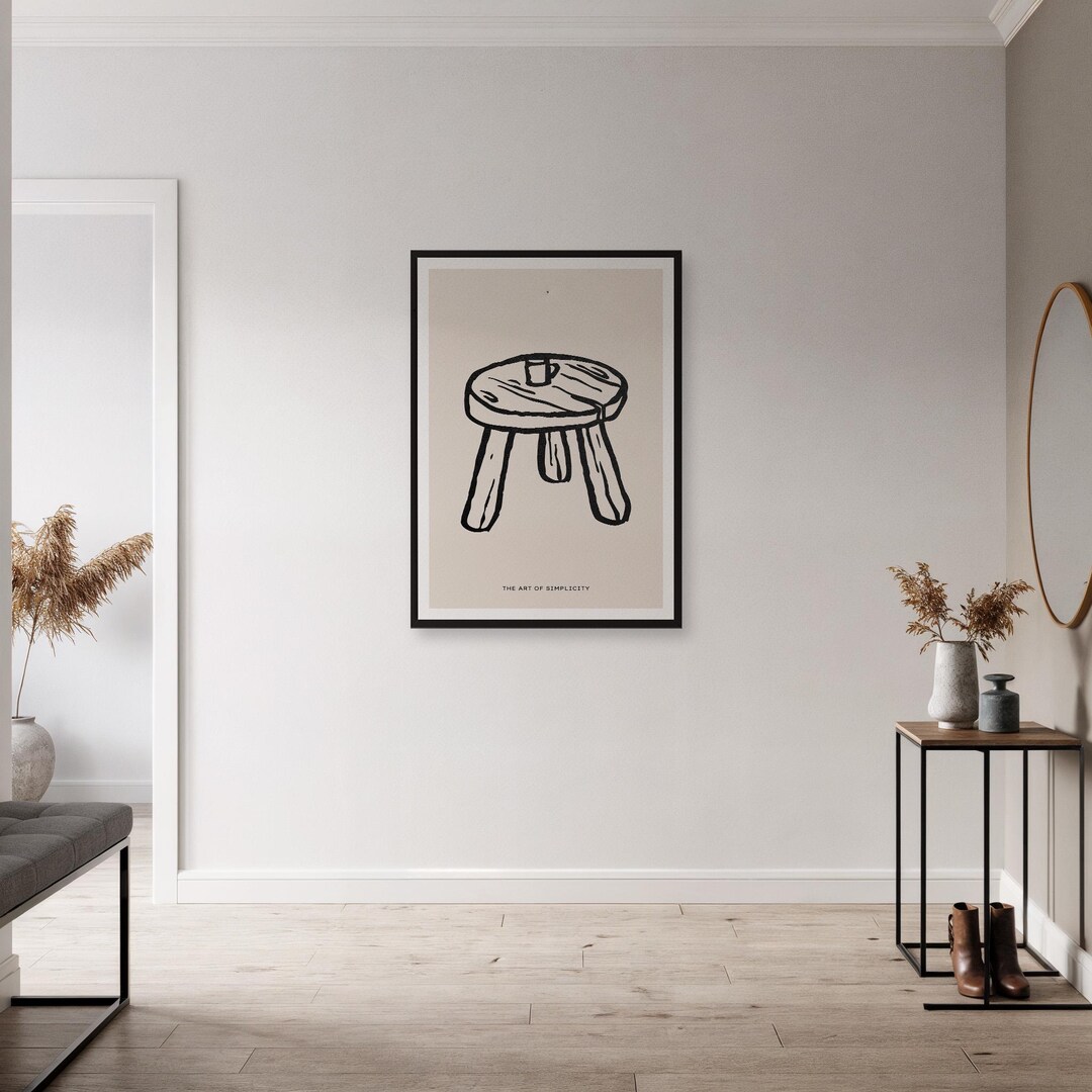 Wooden Stool Poster, Minimal Line Art Wall Print, Rustic Japandi Decor ...