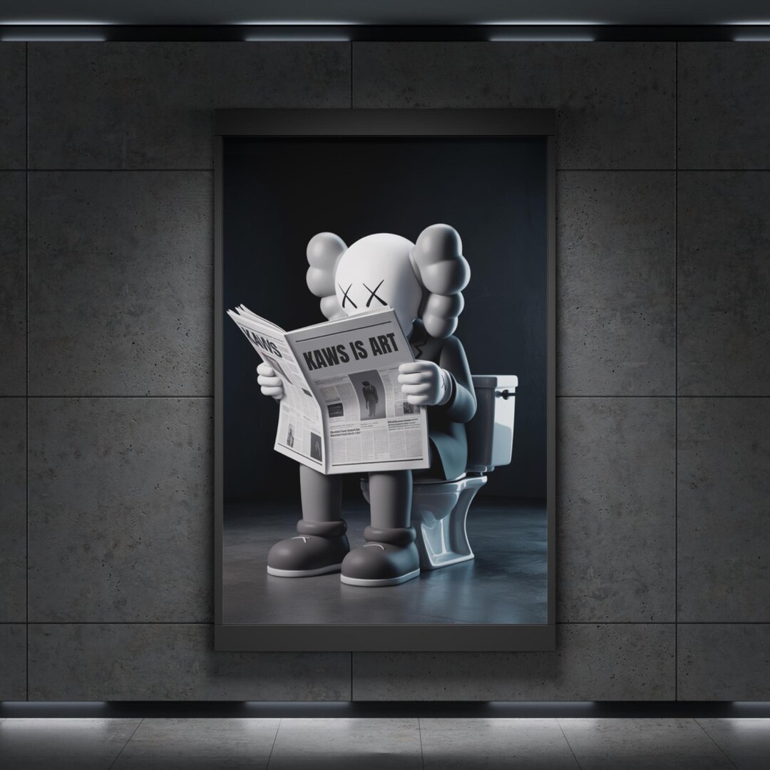 Black Kaws Sitting on Toilet Reading Newspaper Poster, Kaws Poster ...
