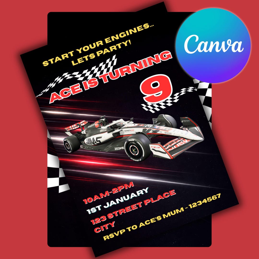Haas F1 Racing Birthday Invitation | Editable Canva Formula One Party ...