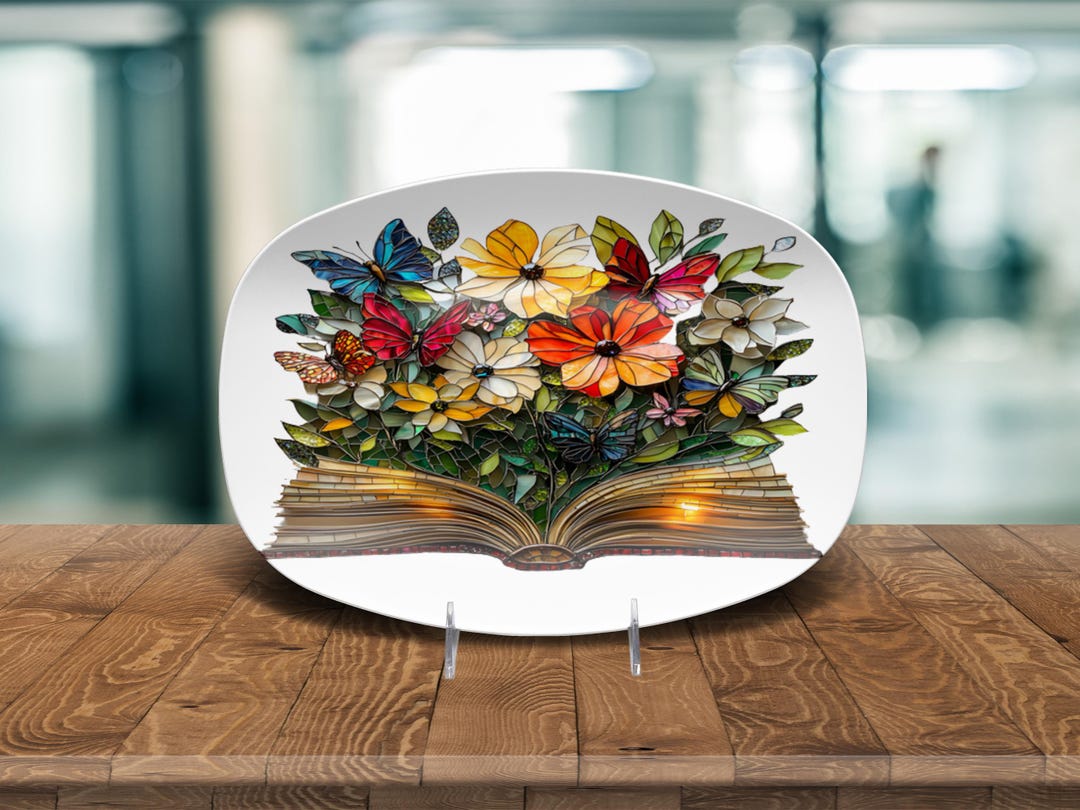 Stained Glass Blooming Book Platter – Literary Floral Art, Unbreakable ...