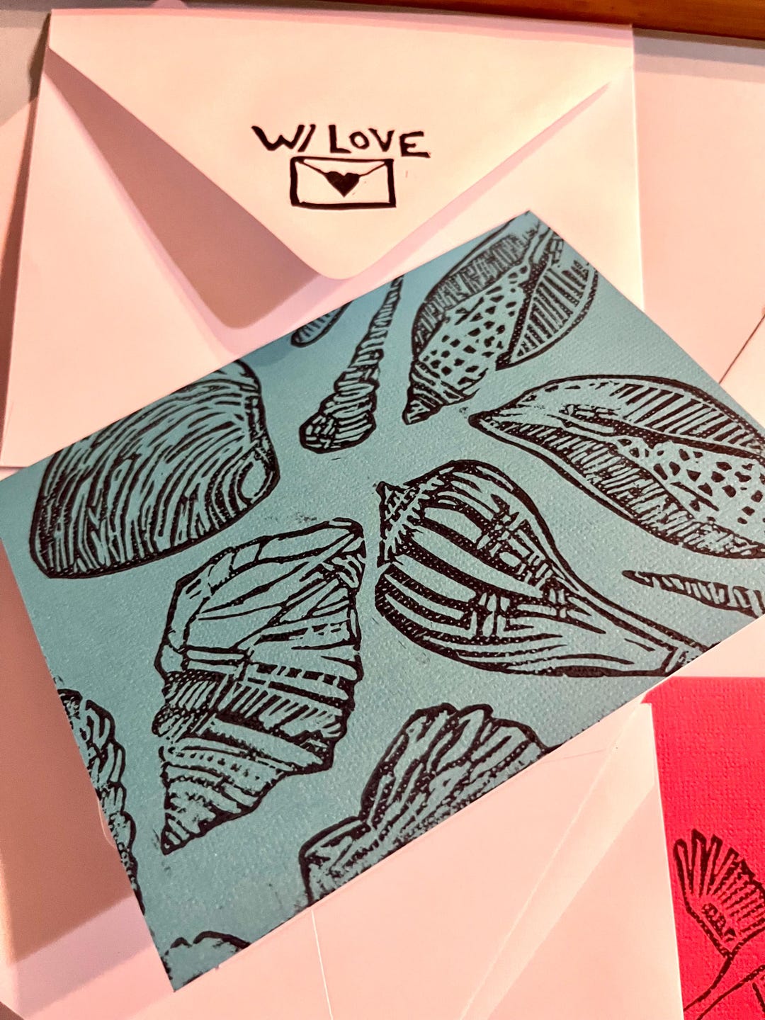 Florida Seashells Notecard & Envelope - Blue Stationary With Linocut ...