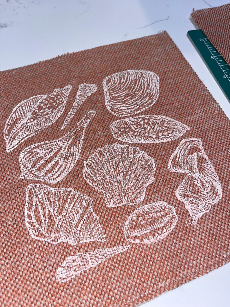 Seashell Linocut Patch: Hand-stamped Upcycled Fabric, Coastal Decor Sew ...